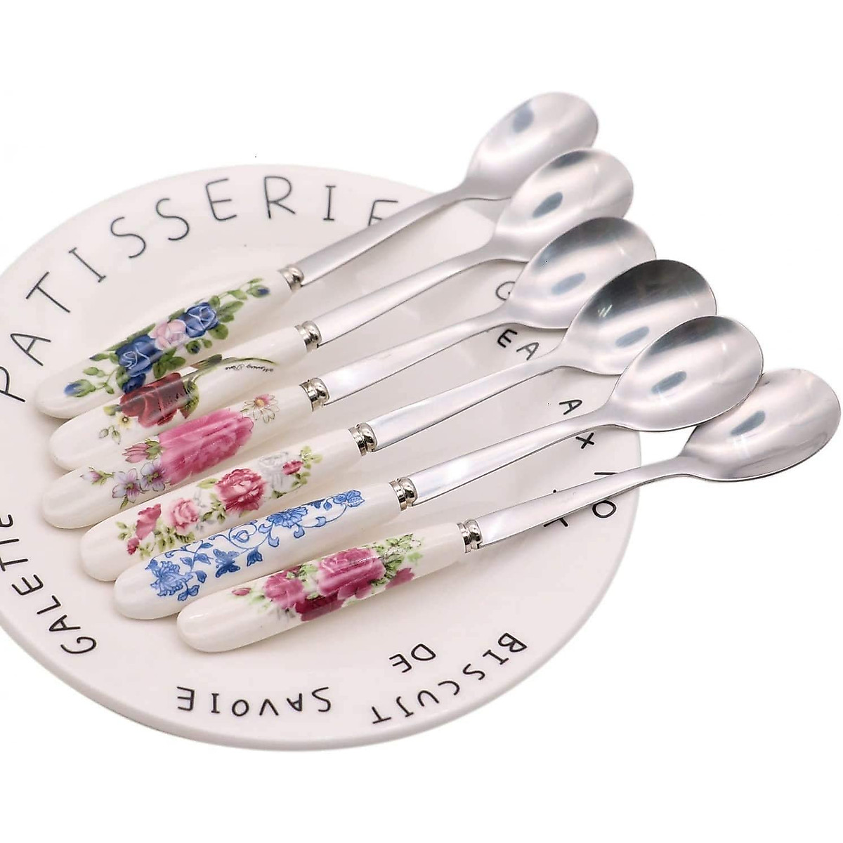 Aiptosy 6 Pack Stainless Steel Coffee Spoon Ceramic Handle Teaspoon Sugar Spoon Ice Cream Desert Spoon Stirring Soup tableware