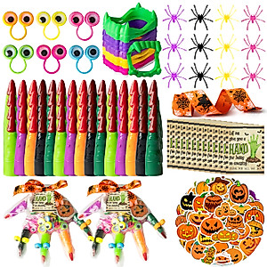 ANGOLIO 169Pcs Halloween Party Favors for Kids, Trick or Treat Toys Giveaways Eye Ring Witch Gloves Vampire Dentures Decorated Goodie Bag Stuffers Halloween Parade