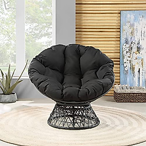 OSP Home Furnishings Wicker Papasan Chair with 360-Degree Swivel, Grey Frame with Black Cushion