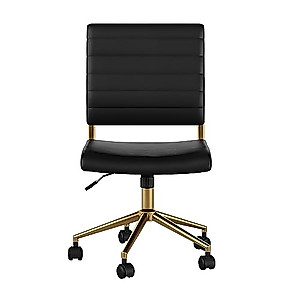 Martha Stewart Ivy Armless Swivel Task Chair for Home Office in Black Faux Leather with Polished Brass Frame