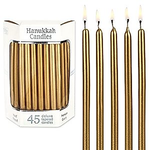 Drip Less Hanukkah Candles 5.75" Tall Metallic Gold Candle Set of 45 Enough for 8 Nights Fits Standard Menorah Decorative Candles for Parties, Birthday, Weddings, Holiday Decorations by Aviv Judaica