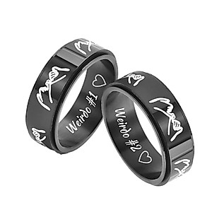 QINGDUO Weirdo #1&Weirdo #2 2Pcs Set of Matching Pinky Promise Pinky Swear Rings for Couples High Polish Stainless Steel Meditation Spinner Fidget Engagement Wedding Band, Black (QD176BBWEIR)