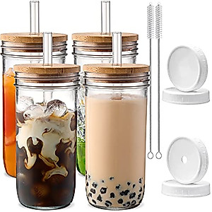 DWTS DANWEITESI Mason Jar with Lid and Straw, 24oz Glass Cups with Lid and Straws-Wide Mouth Reusable Drinking Glasses,Iced Coffee Cups Glass with Lids,Vasos De Vidrio【4 Pack】