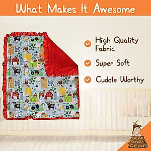 Dear Baby Gear Farm Deluxe Baby Blanket - Reversible, Milestone & Newborn Gifts for Girls and Boys - Farm Life Animals, Tractor, Red, 32 Inches by 32 Inches