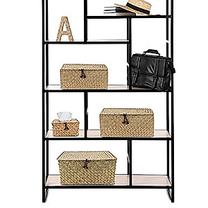 MoYouno Natural Seagrass Storage Baskets with Lid, Seaweed Woven Basket Storage Box Set of 4, Handwoven Seagrass Rattan Storage Box for Home Organizer (little green)