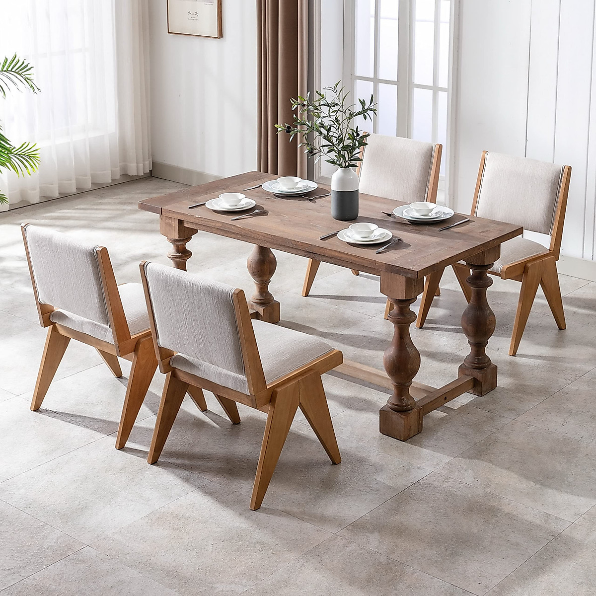 RIVOVA Mid Century Modern Dining Chairs Set of 6 Upholstered Cream Fabric Dining Room Chairs with Wood Legs, Farmhouse Kitchen Accent Armless Side Chairs with Square Backrest