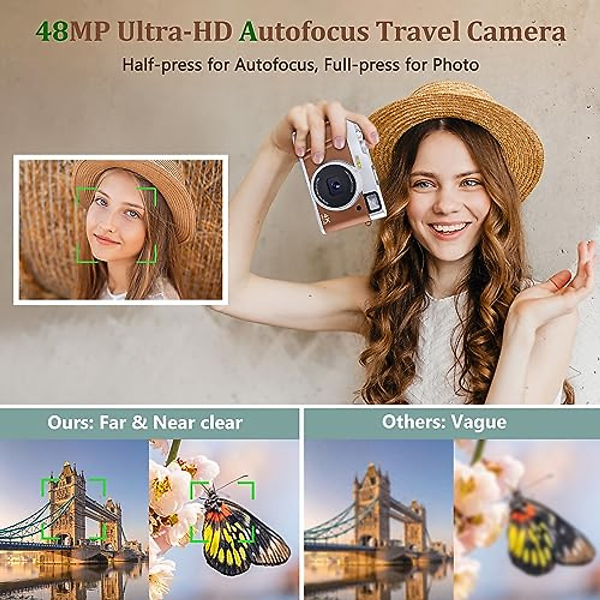 Upgraded 4K Digital Camera with SD Card Autofocus, 48MP Digital Camera with Flash Viewfinder & Dial, Vlogging Camera for Photography and Video Anti-Shake, Compact Travel Camera 16X Zoom (2 Batteries)