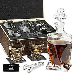 Whiskey Decanter and Stones Gift Set for Men - Whiskey Decanter, 2 Twisted Whiskey Glasses, 2 XL Stainless Steel Whisky Balls, 2 Slate Coasters, Special Tongs & Freezer Pouch in Pinewood Gift Box