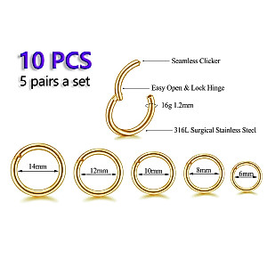 16G Surgical Steel Hinged Clicker Segment Nose Rings Hoop Helix Cartilage Daith Tragus Sleeper Earrings Body Piercing for women (16G - Gold - (6mm-14mm) - 10Pcs)