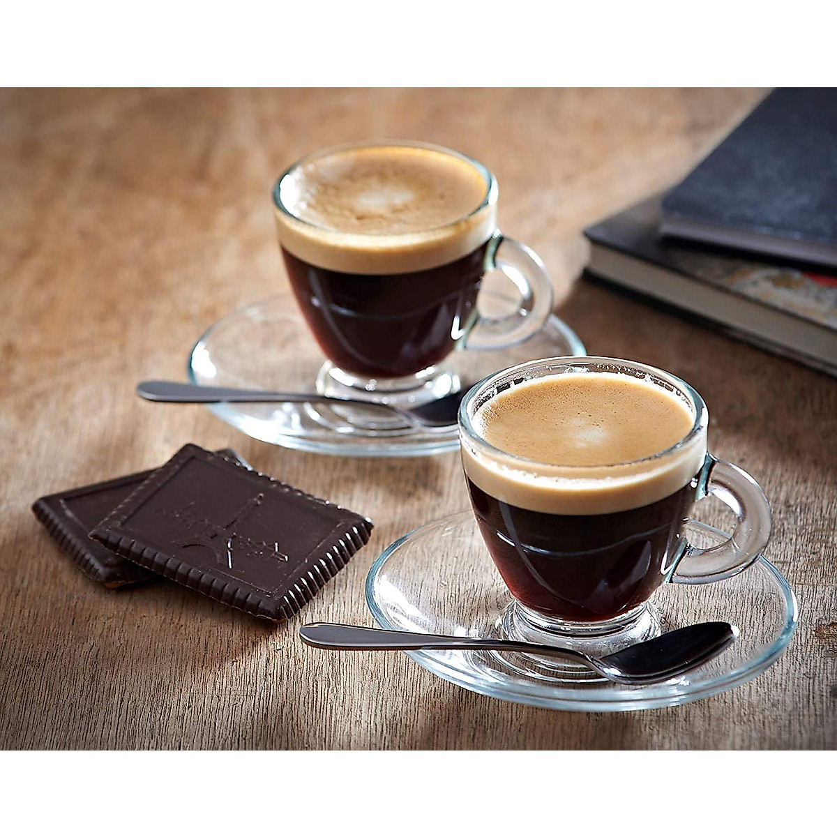 BOHEM'S Espresso Cups, 3.2 oz Small Demitasse Clear Glass Espresso Drinkware, Set Of Cups, Saucers and Stainless Steel mini Spoons + Free Glass Spoons (Set of 6)