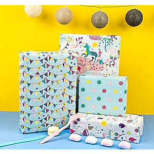 WRAPAHOLIC Birthday Wrapping Paper Roll - Unicorns and Celebration Banners Set for Party, Celebrating, Baby Shower Present Packing - 4 Rolls - 30 inch X 120 inch Per Roll