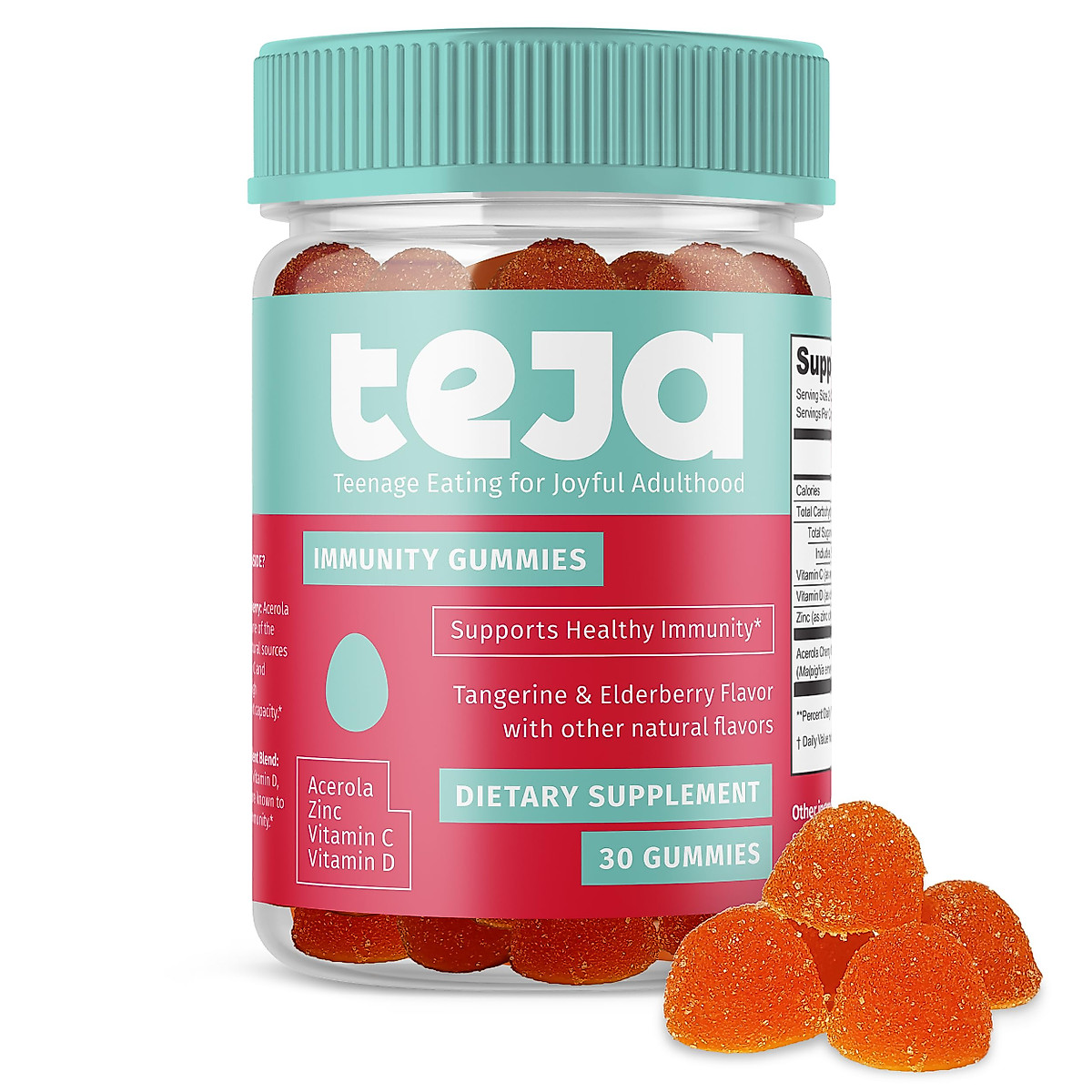 TEJA Immunity Gummy Vitamins for Teens and Adults, Daily Immune Support, Vitamins C, D, Zinc, Low Sugar, Teen Health, 30 Gummies