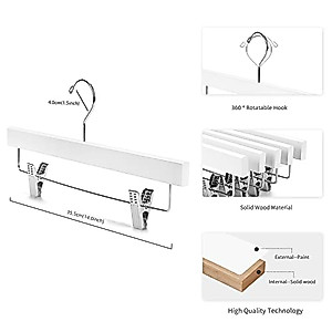 Nature Smile Solid Lotus Wood Deluxe Wooden Pants Hangers Bottom Hanger Jeans Hanger Skirt Hanger with 2-Adjustable Clips Anti-Rust Hook Pack of 10 (White)