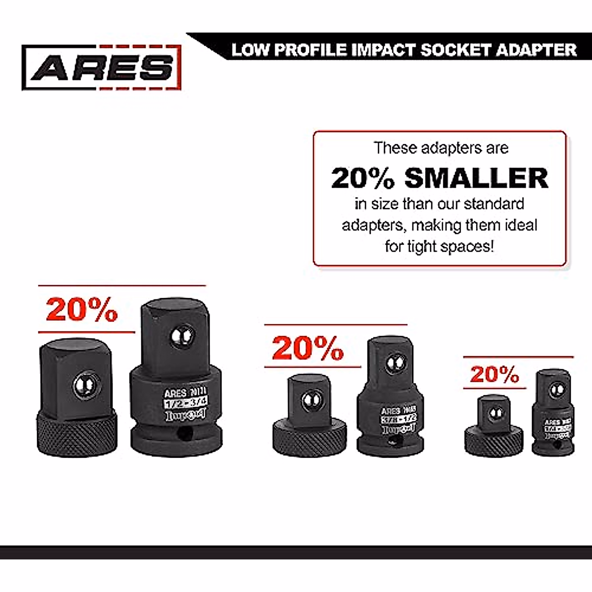 ARES 70198 - Low Profile Impact Socket Adapter Set - Impact-Rated Heat-Treated Chrome Vanadium Steel Features Knurling For Enhanced Grip