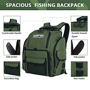 AUMTISC Fishing Tackle Backpack with 4 Tackle Boxes, Rod Holder, Protective Rain Cover, Waterproof Large Fishing Tackle Gear Bag for Fishing, Camping, Hiking (Black, Green, Camouflage)