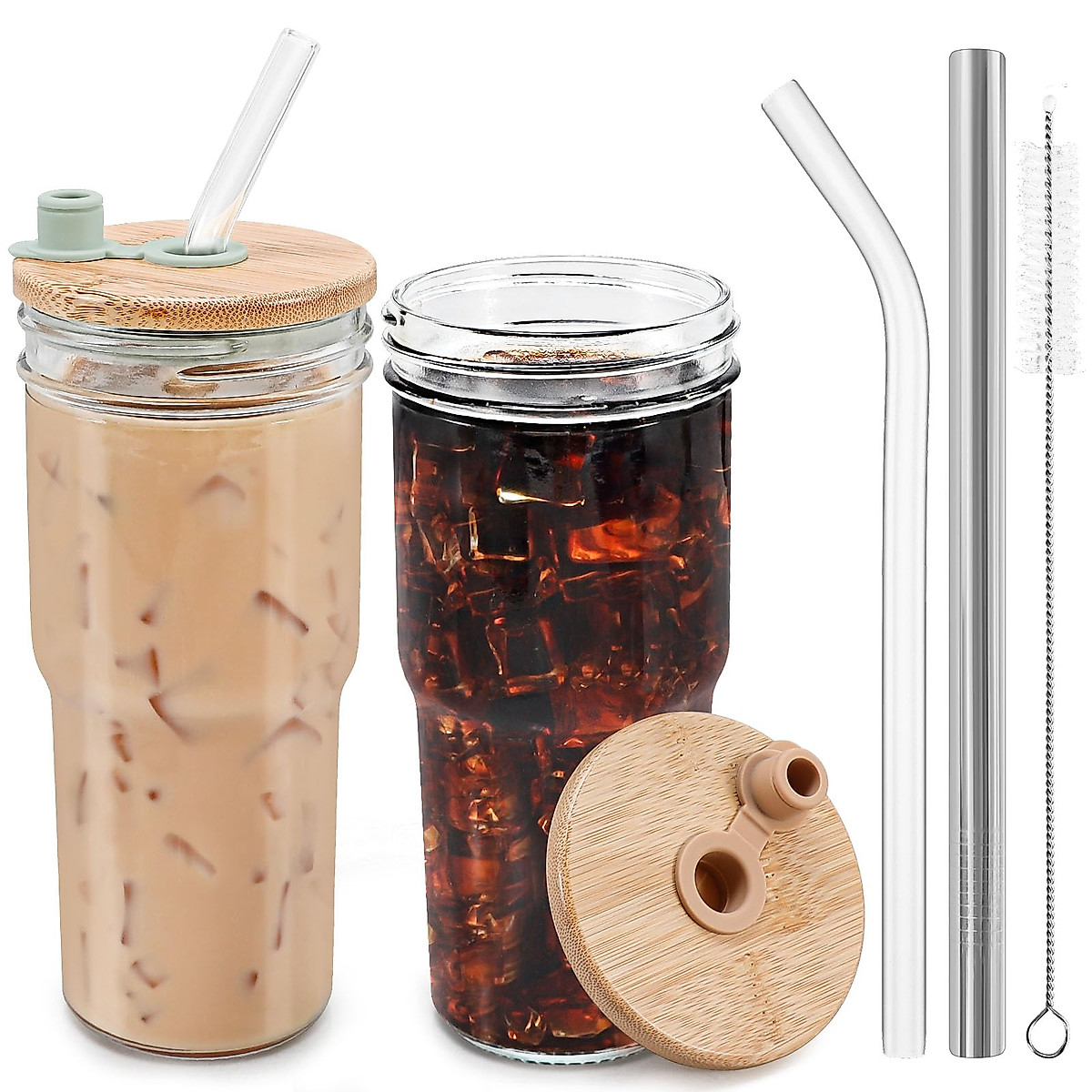 Caperci Glass Cups with Lids and Straws - 2 Pack 24 oz Sealing Air Valve Iced Coffee Cup, Cute Smoothie Boba Cups with Bamboo Lids, Glass Tumbler for Cocktail, Whiskey, Gift 1 Cleaning Brush