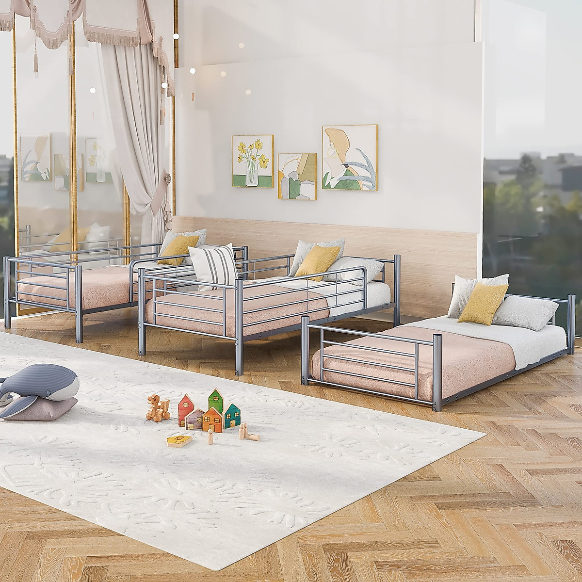 BIADNBZ Triple Bunk Bed with Built-in Ladder and Full-Length Guardrails, Twin Size Metal Bunkbeds w/Sturdy Frame for Kids, Boys, Girls, Teens, Divided into Three Separate Beds,Gray