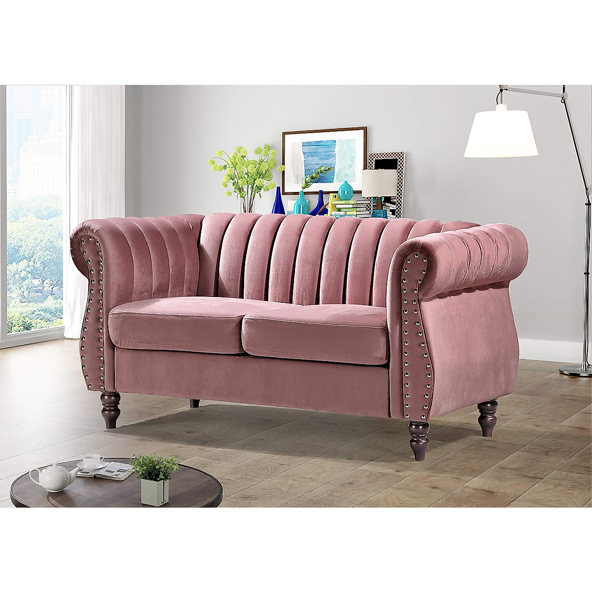 US Pride Furniture Chesterfield Rolled Arm Modern Style Fabric Rose Velvet Soft Living Room Loveseat with Removable Back Cushions & Solid Wood Support (S5644-5649) Sofas