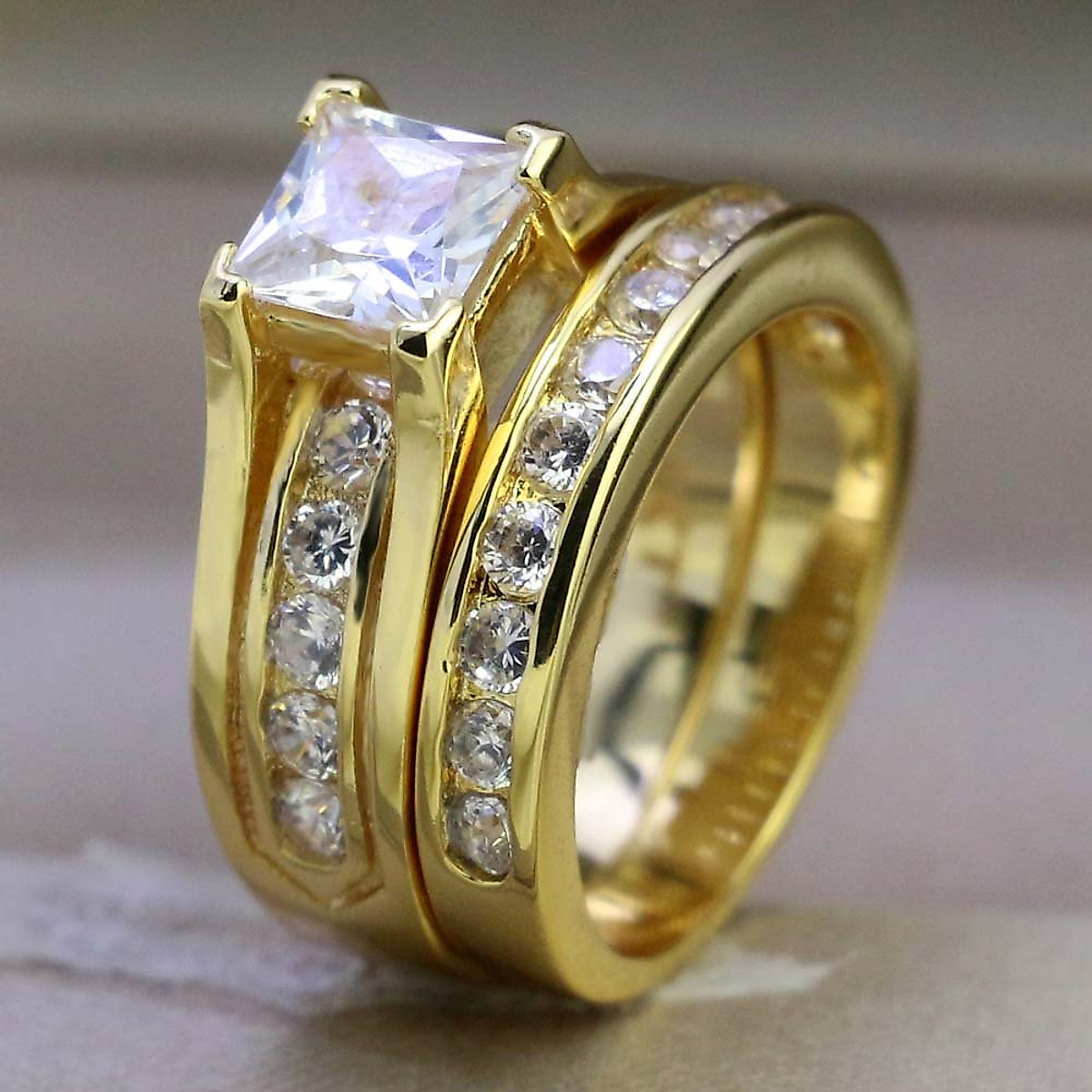 Two Rings His Hers Wedding Ring Sets Couples Rings Women's 10k Yellow Gold Filled White CZ Wedding Engagement Ring Bridal Sets & Men's Stainless Steel Wedding Band