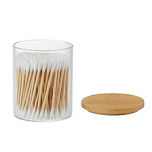 INIUNIK 3 Pack Glass Qtip Holder Bathroom Set, Clear Apothecary Jars with Lids, Cotton Ball Swab Round Holder Bathroom Essential Canisters Accessories for Organization and Storage