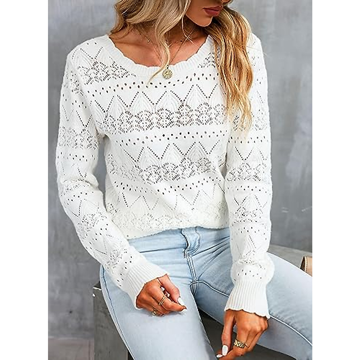 Dokotoo Womens Tops Sweaters Ladies V Neck Pullover Stylish Casual 2023 Fall Winter Long Sleeve Oversized Lightweight Comfy Cable Knit Pullover Cropped White