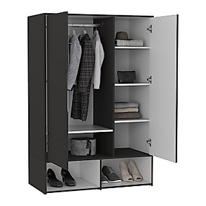 Bamboo Armoire with Double Door Cabinets, 6 Inner Shelves, 2 Open Shelves, and Hanging Rod, Black/White