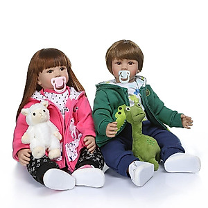 iCradle Angelbaby Reborn Baby Dolls Toddlers Twins Boy and Girl Realistic Soft Silicone 24 inch Brown Hair Newborn Child Dolls Toys Toddler Size Gifts Set 2 pcs