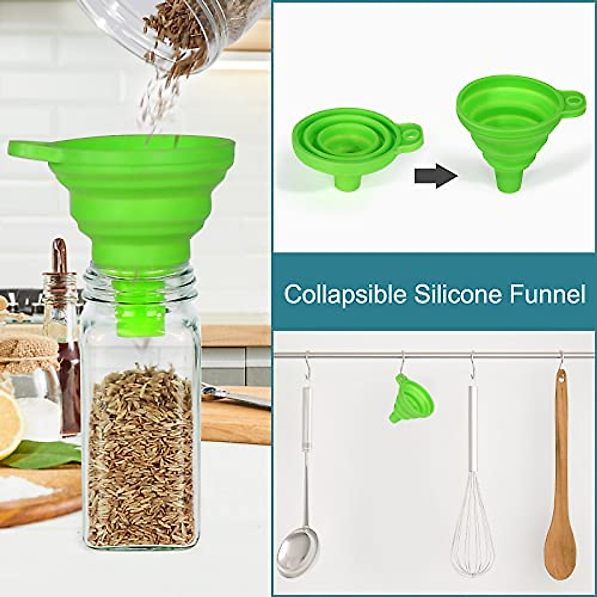 CycleMore 15 Pcs 4oz Glass Spice Jars Bottles, Square Spice Containers with Silver Metal Caps and Pour/Sift Shaker Lid-40pcs Black Labels,1pcs Silicone Collapsible Funnel and 1pcs Brush Included