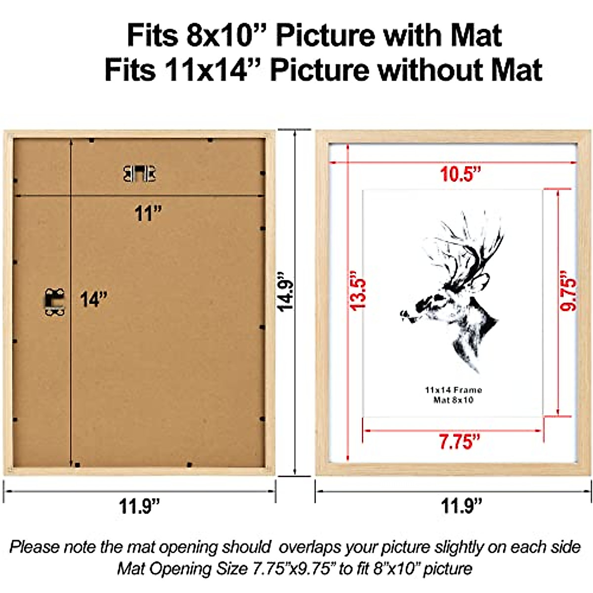 Yaetm 11x14 Picture Frame with Mat for 8x10 Set of 2, Solid Oak Wood Photo Frames with Tempered Glass, 11 x 14 Frames for Horizontal and Vertical Wall Mounting (2 pack, Oak)