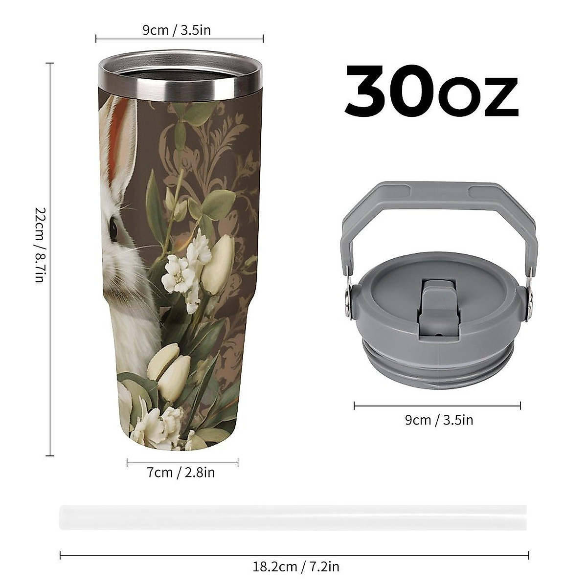 30oz Stainless Steel Insulated Tumbler with Flip Lid & Straw, Leakproof Travel Mug for Car, A Beautiful White Rabbit Double Wall Vacuum Thermal Coffee Cup with Handle, Spill-Proof Design for Hot/Cold