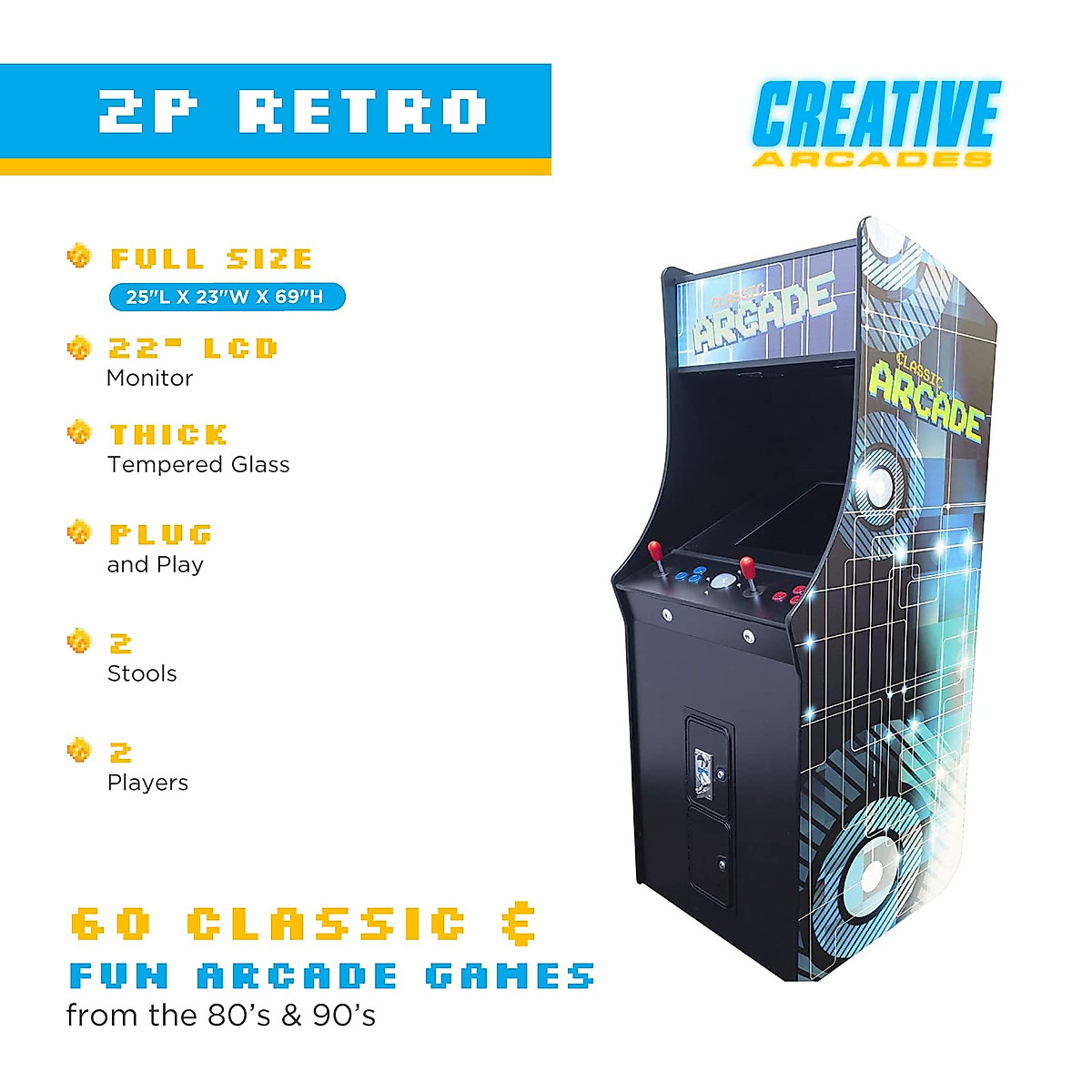 Creative Arcades Full Size Stand-Up Commercial Grade Arcade Machine | 2 Player | 60 Games | 22" LCD Screen | 2 Sanwa Joysticks | Trackball | 2 Stools Included | 3 Year Warranty