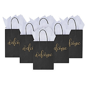 DjinnGlory 50 Pack Medium Black Welcome Paper Gift Bags with Handles and 50-Sheet White Tissue Paper for Wedding Hotel Guests Engagement Bridal Shower Birthday Party Favors (10''x8''x4'')