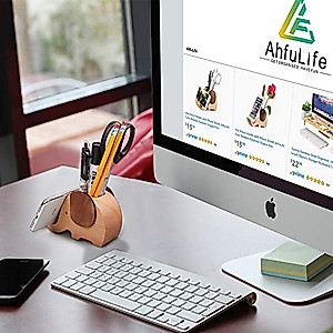 AhfuLife Wooden Elephant Cell Phone Holder/Stand with Pen&Pencil Holder/Pot, Desk Decoration Multi-functional Supplies Stationery Organizer, Birthday Graduation Gift (Elephant Pen Pot)