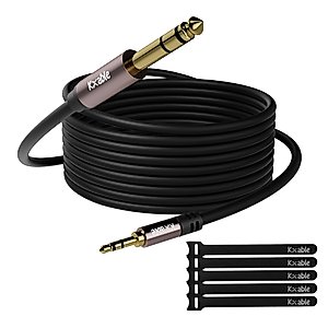 3.5mm to 6.35mm Stereo Audio Cable 15 Feet, 1/4 to 1/8 inch Headphone Cable Jack, Hi-Fi Sound, Gold Plated Connectors, OFC Core, Black Cable (with 5 pcs Cable Ties)