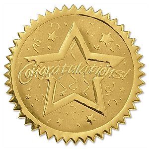 PaperDirect Congratulations 5-Point Star Embossed Gold Foil Certificate Seals, 2 Inch, Self Adhesive, 100 Count, Embossed Seals for Certificates, Achievement Award Stickers for School, Work, Diploma