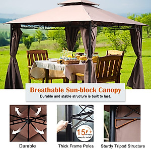 Outdoor Double Roof Hardtop 10' X 10'Gazebo for Patio Grill,Gazebo Large Garden Top Gazebo with Sidewall Party Tent with Curtains & Net（Brown）