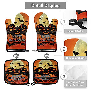 Halloween Bat Pumpkin Oven Mitts and Pot Holders Sets of 2 Heat Resistant Non-Slip Kitchen Gloves Hot Pads with Inner Cotton Layer for Cooking BBQ Baking Grilling