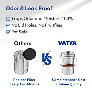 Vatya Stainless Steel Kitchen Compost Bin - NO Filter Countertop Composter, Composting Bucket, Counter Top Small Indoor Food Waste Container with Lid, Odorless Food Scrap Pail, Large 0.8 Gallon