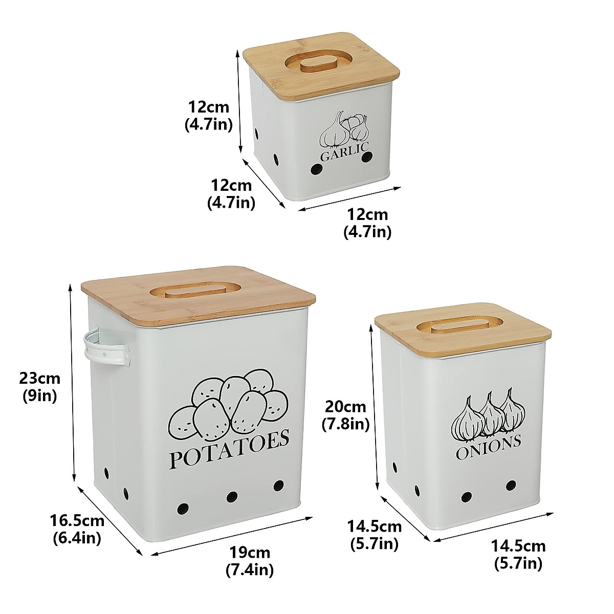 Potato Onion Garlic storage, Canister Sets for Kitchen Counter, Storage Set for Potato Onion Garlic, Kitchen Storage Bin Jars Pots with Aerating Tin Storage Holes & Wooden Lid - White