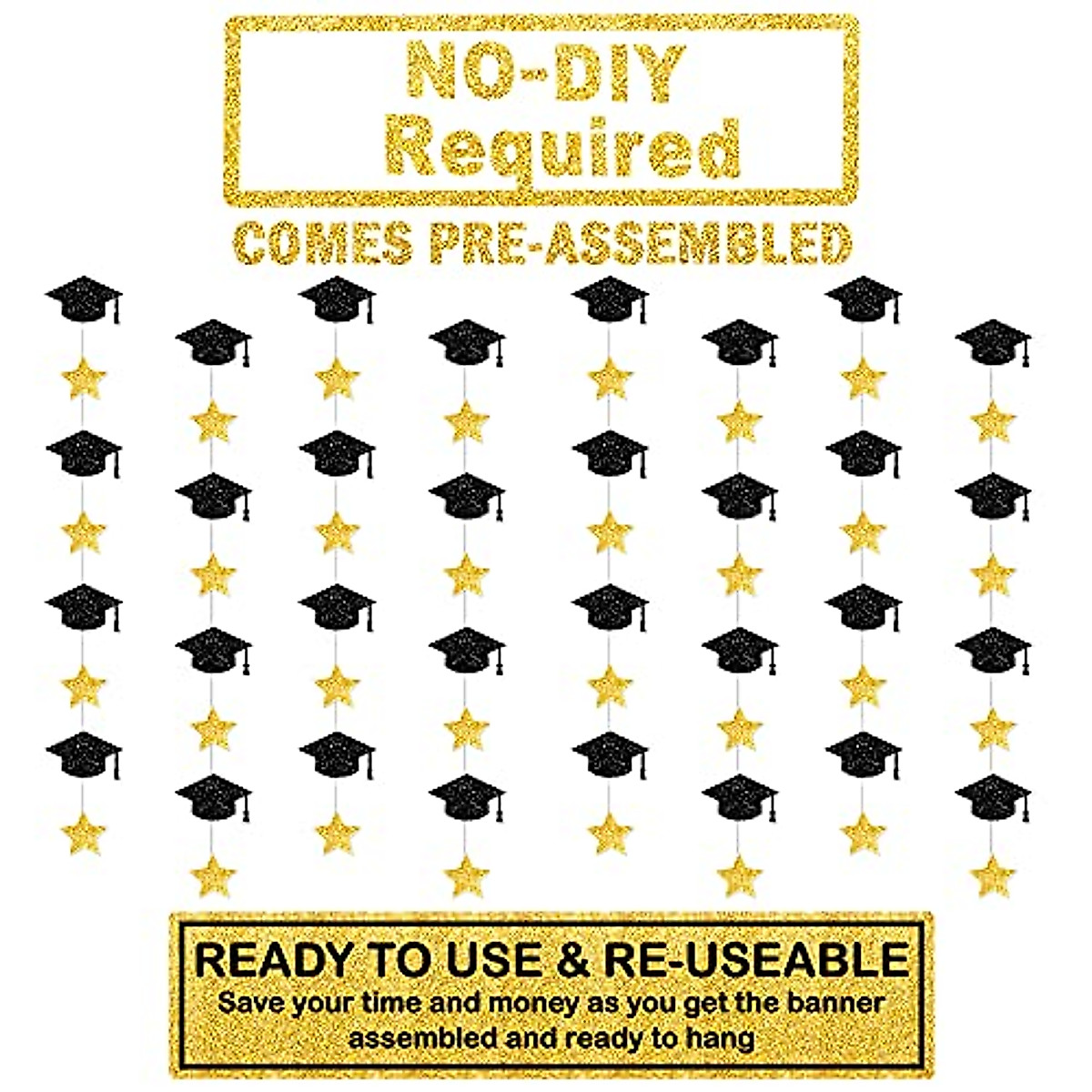 Glitter Graduation Cap Garland, 10 Feet - 8 String, No DIY | Black and Gold Graduation Party Decorations 2023 | Black Graduation Cap Decorations for Class of 2023 Decorations | 2023 Graduation Garland