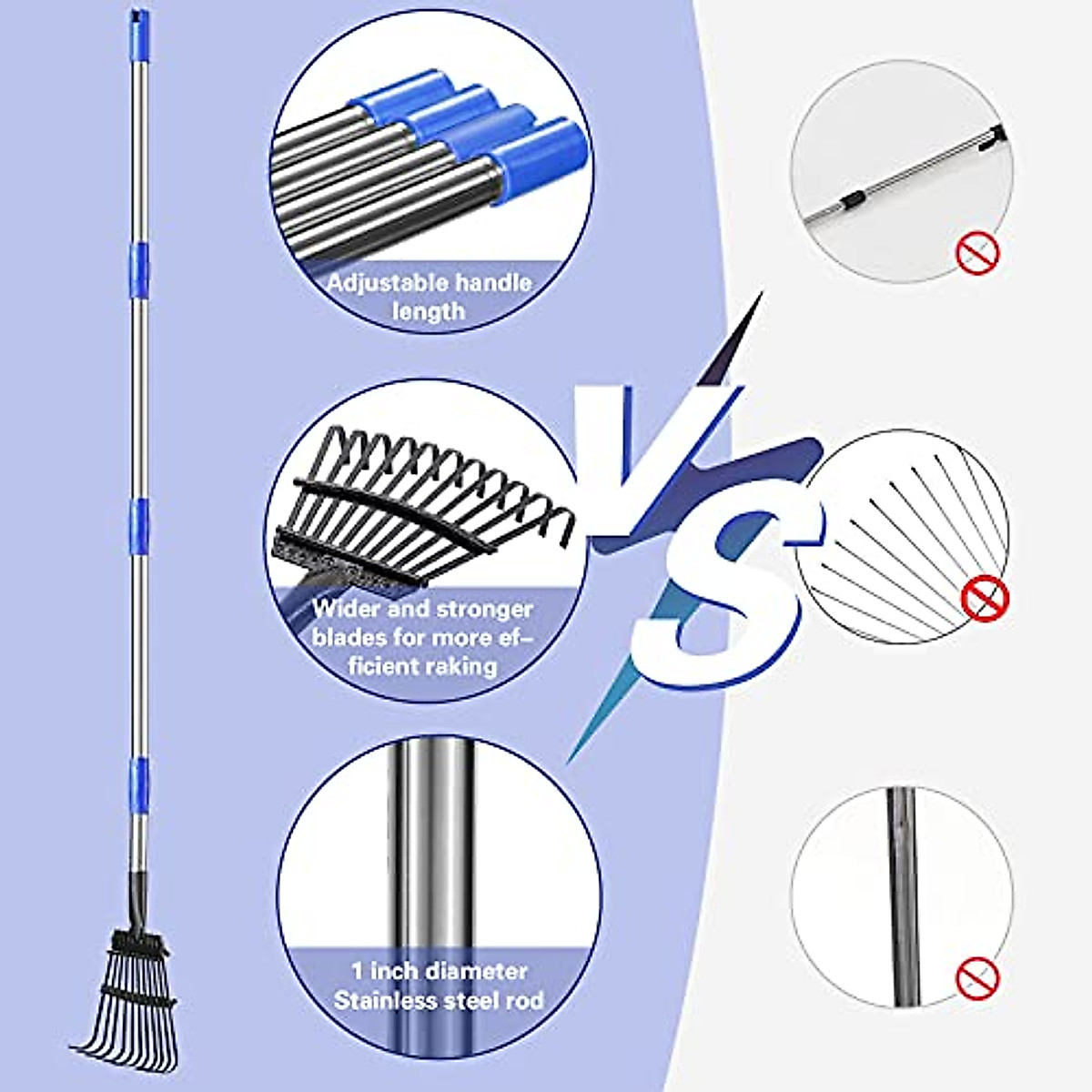 60 inch Adjustable Garden Rake Leaf, Collect Loose Debris Among Delicate Plants, Lawns and Yards, Expandable Head from 15inch to 72 inch. Ideal Garden Rake Tools