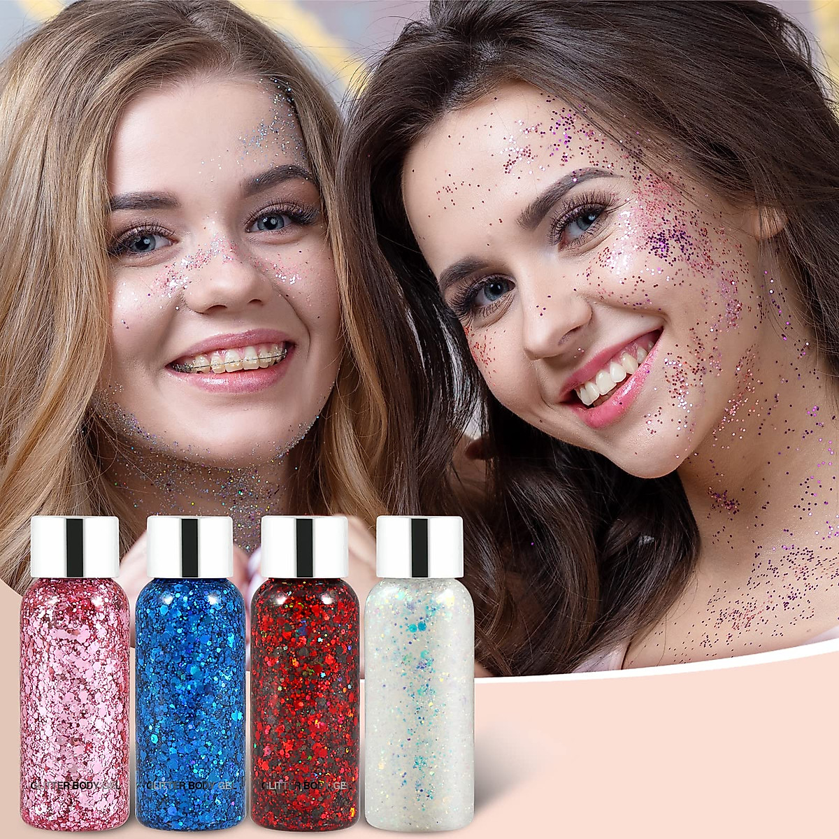Body Glitter Gel Set 4 Colors Sequins Chunky Glitter Gel Colorful Eyeshadow Glitter Holographic Body Gel for Festival Party Face Makeup Hair Nails Eye Cosmetic Lips Shimmer Pink, Blue, White
