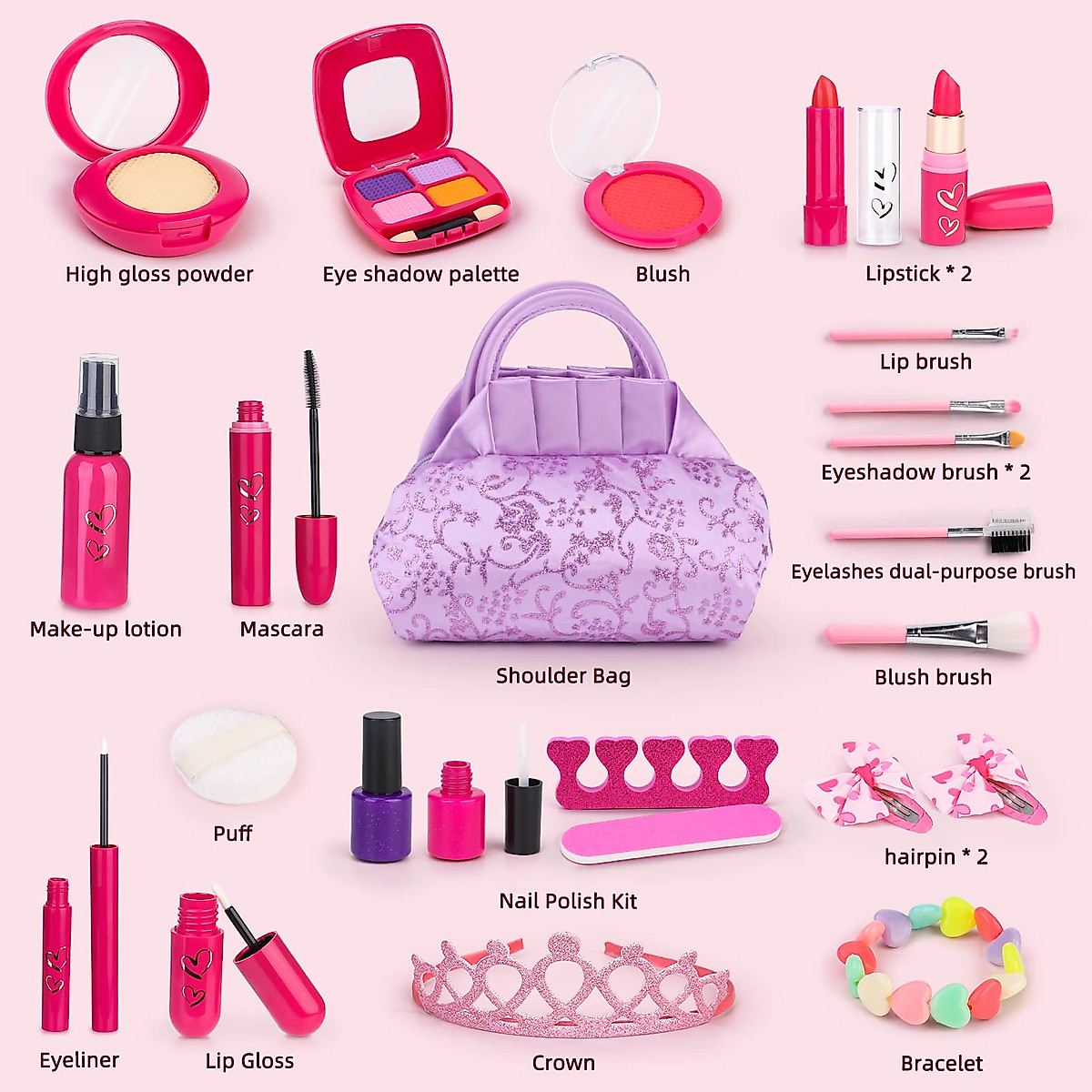 Pretend Makeup for Toddlers - BTEC Fake Makeup Set for Kids,Play Makeup Kit for Little Girls Age 2 3 4 5 6,Kids Makeup Kit for Girl with Princess Purse (24 Pack)