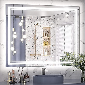 Keonjinn LED Bathroom Mirror 40” x 32” with Frontlit and Backlit, Stepless 3 Colors Temperature & Dimmable Wall Mirror, UL Listed LED Driver, Anti-Fog, Double Lights, Frameless Bathroom Vanity Mirror