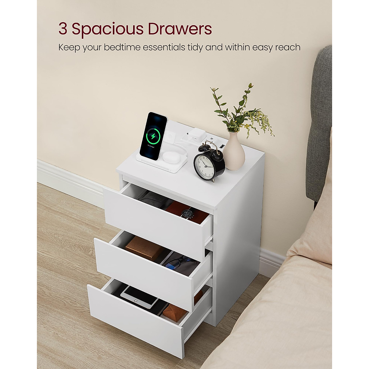 VASAGLE Nightstand with Charging Station, 2 AC Outlets and 2 USB Ports, Bedside Table, Side Table with 3 Drawers, Modern Style, 13.8 x 15.7 x 23.2 Inches, Cloud White ULET631W16