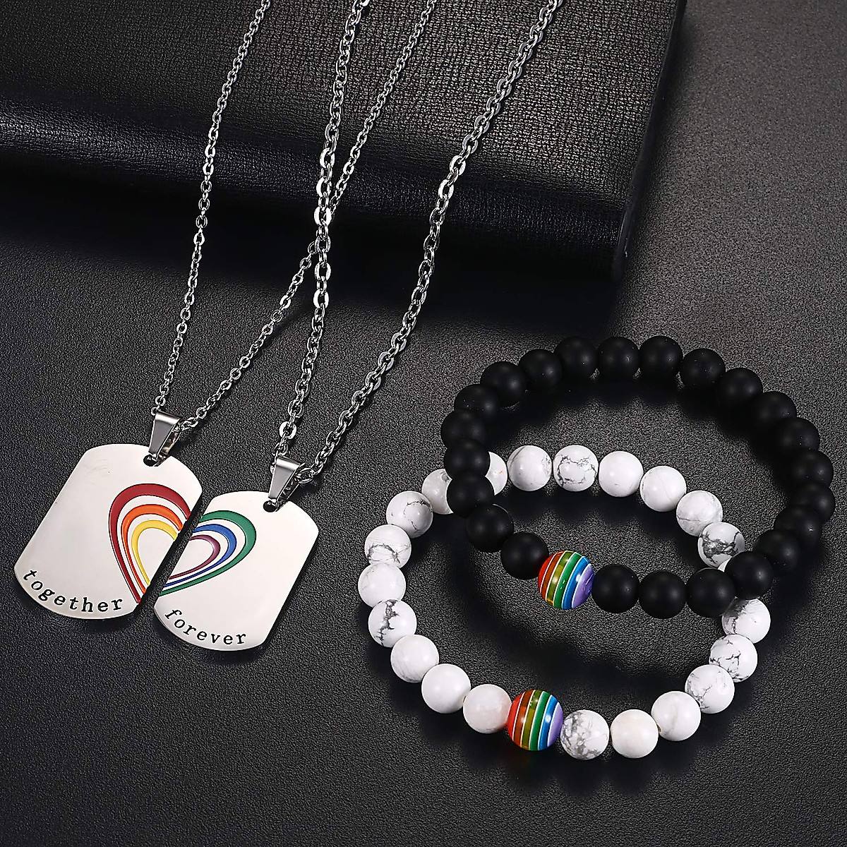 Aroncent 4pcs Gay Pride Lesbian LGBTQ Couples Rainbow Jewelry Set,White Turquoise & Carnelian Bead Bracelet, Stainless Steel Rainbow Necklace Heart Matching Charm Couple Necklace