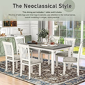 Neoclassical 7-Piece Dining Table Set, Solid Wood Kitchen Dining Room Table Set of 7, Rectangle Dining Table with 6 Upholstered Chairs and Shaped Legs, Family Dining Kitchen Set for 6