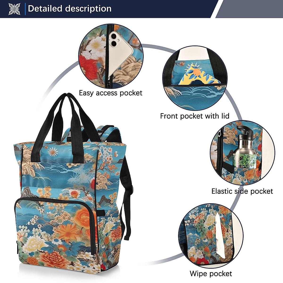 xigua Japanese Flowers Diaper Bag Backpack Multi Function Baby Changing Bags Waterproof Large Capacity Travel Back Pack for Mom Dad