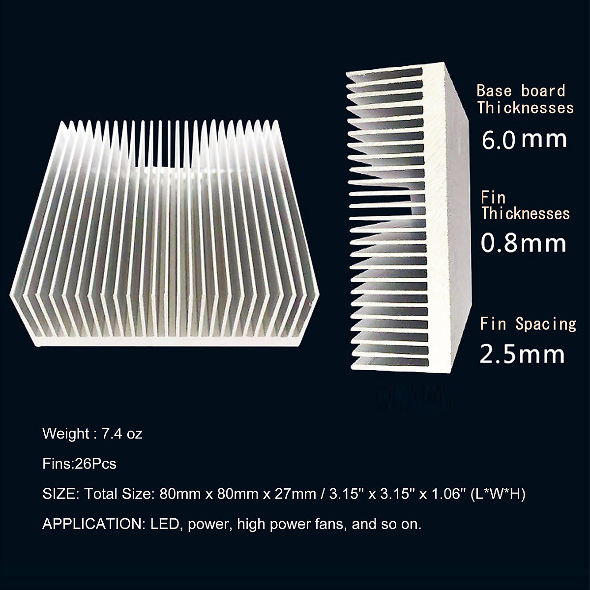 Awxlumv Aluminum 80mm Heat Sink 3.15x3.15x1inch/ 80x80x27mm Heatsink Large Radiator Circuit Board Cooling Cooler 26 Fins for LED, Power High Fans - Sliver