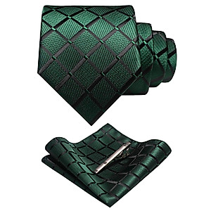 JEMYGINS Plaid Green Tie and Pocket Square Hankerchief Mens Silk Necktie with Tie Clip Sets(4)